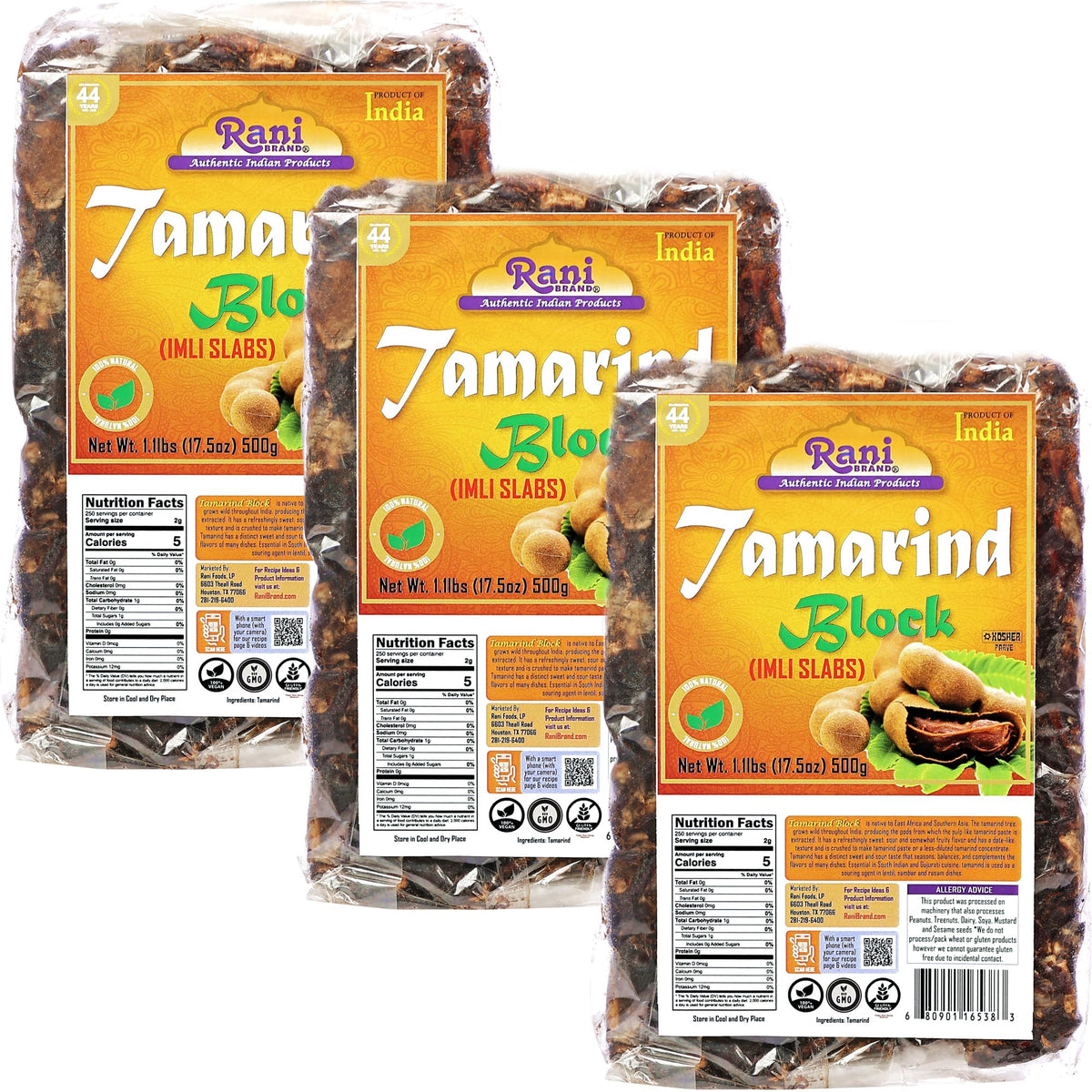 Rani Tamarind Block (Imli Slab) 17.5oz (1.1lbs) 500g, Pack of 3 ~ All ...