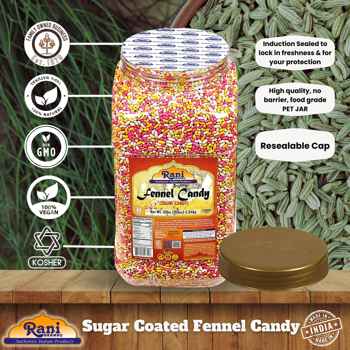 Rani Sugar Coated Fennel Candy 160oz (10lbs) 4.54kg Bulk PET Jar ~ Ind ...