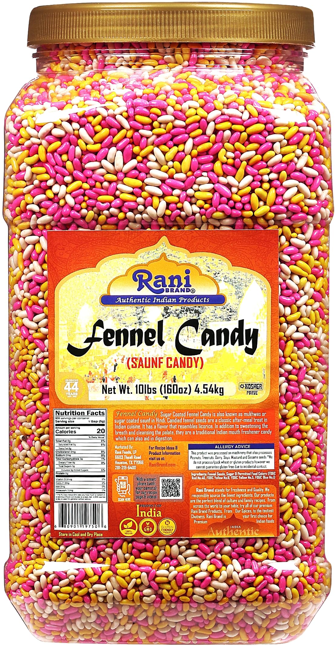 Rani Sugar Coated Fennel Candy 160oz (10lbs) 4.54kg Bulk PET Jar ~ Ind ...