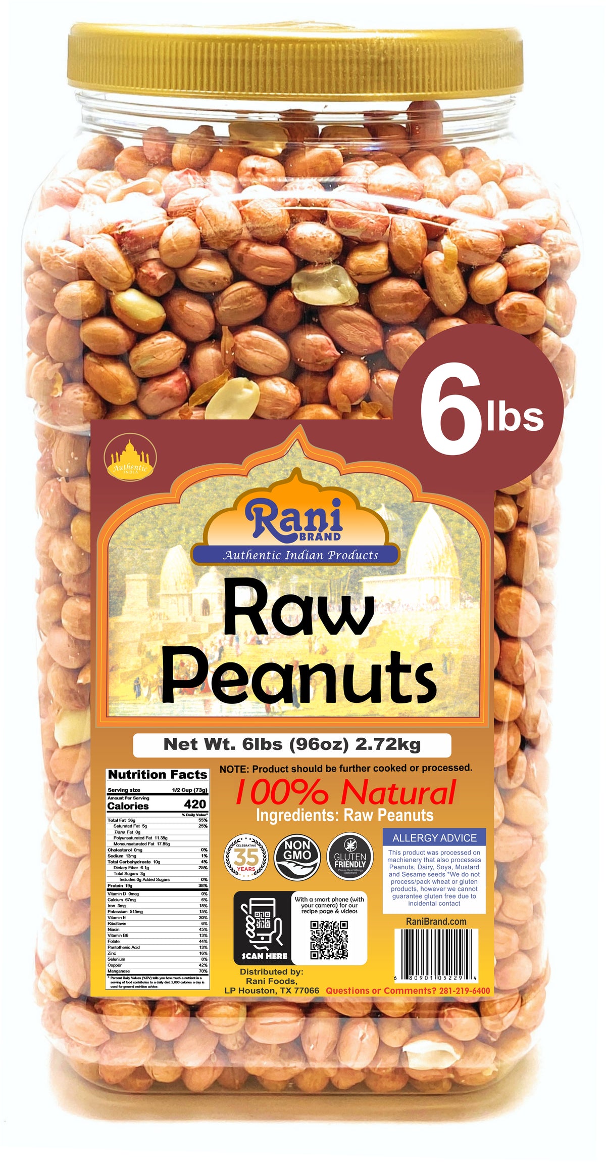 Rani Peanuts, Raw Whole With Skin (uncooked, unsalted) 96oz (6lbs) 2.7 ...