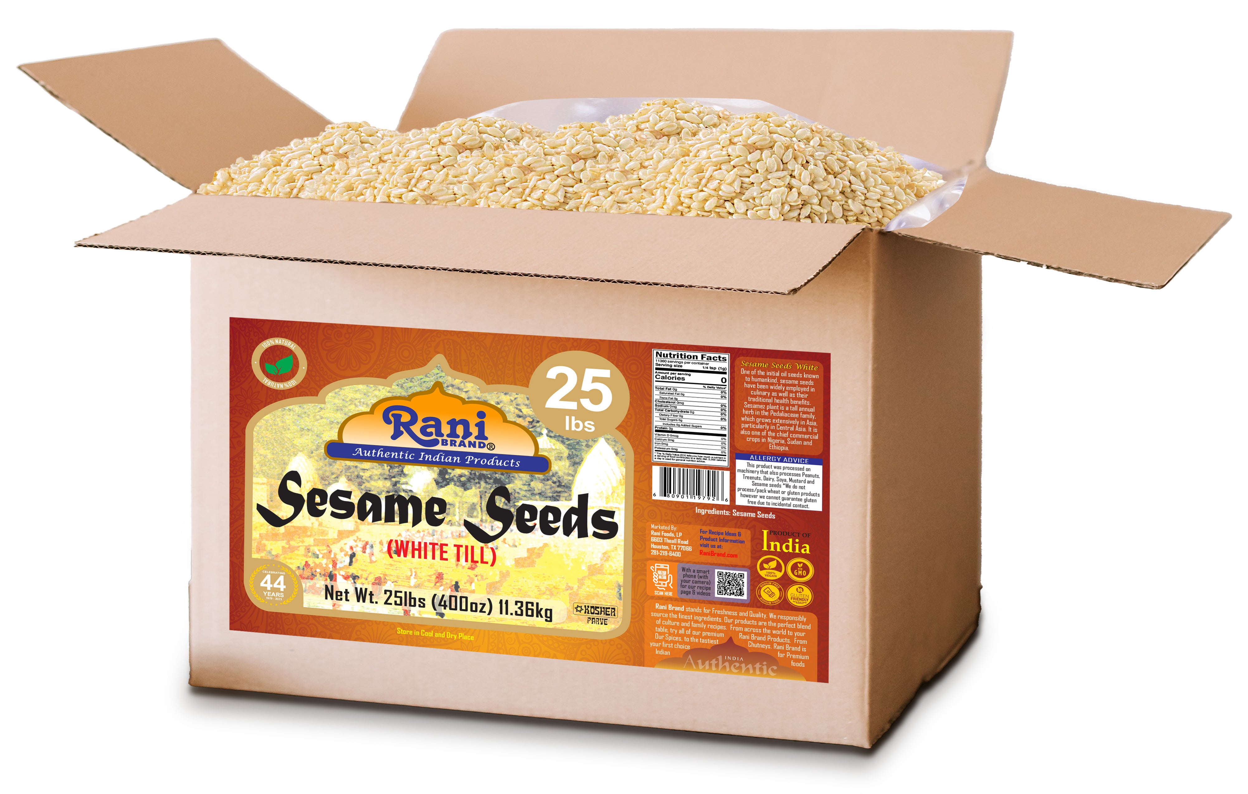 Rani Sesame Seeds Whole White, Hulled (Till) 400oz (25lbs) 11.36kg Bul ...