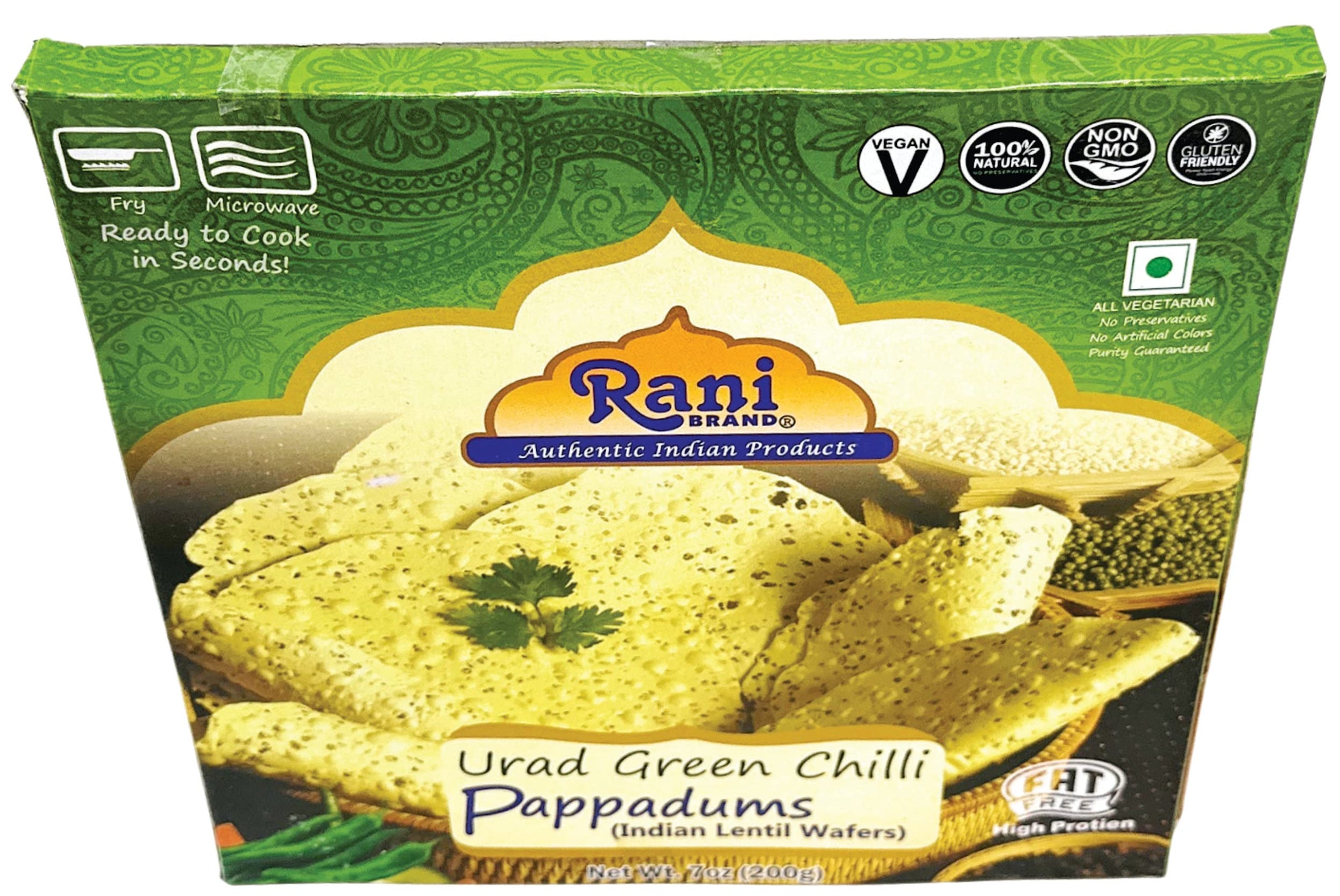 Rani Pappadums (Indian Lentil Wafer Snack) Green Chilli Papad 7oz (200 ...