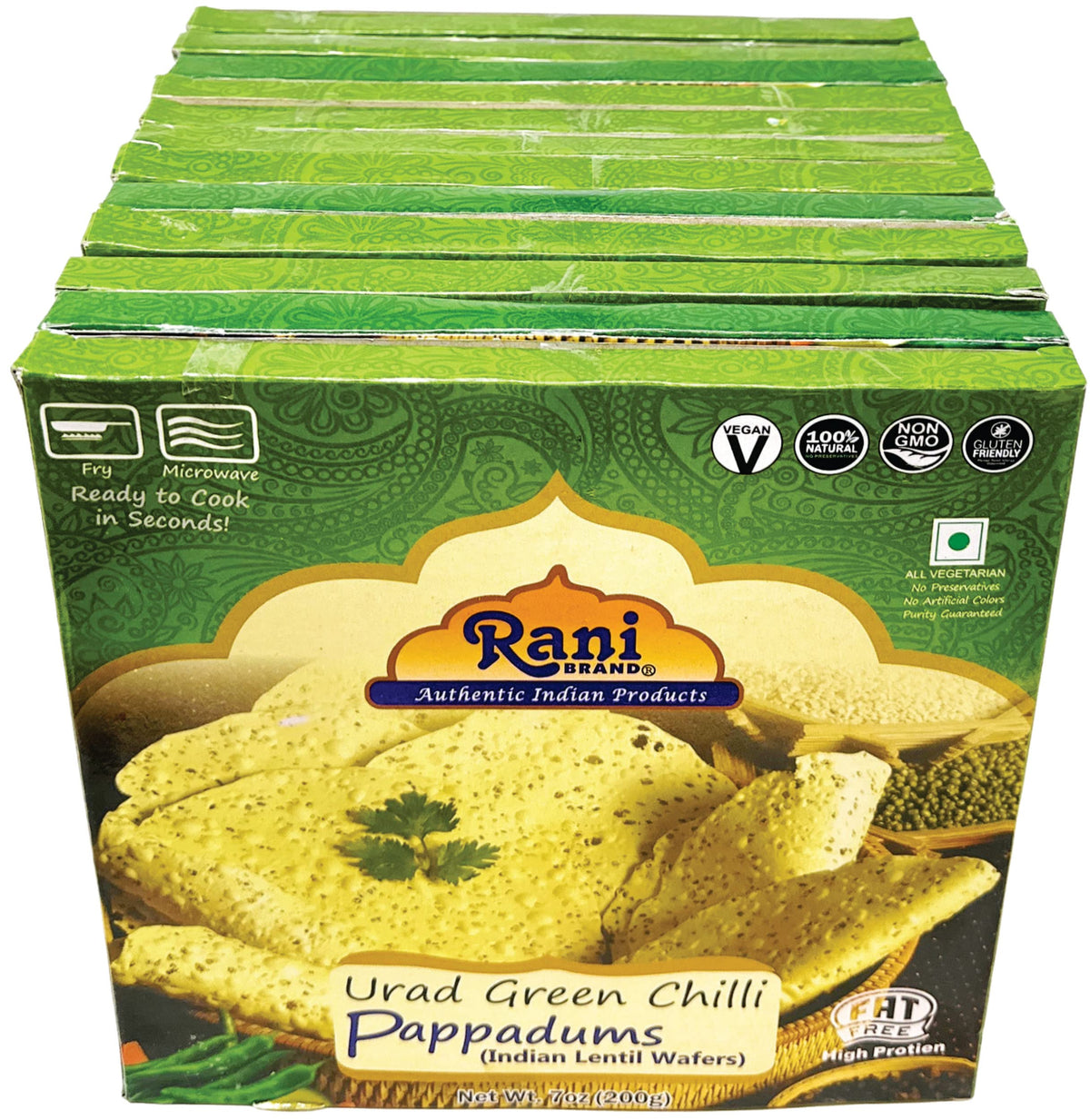 Rani Pappadums (Indian Lentil Wafer Snack) Green Chilli Papad 7oz (200 ...