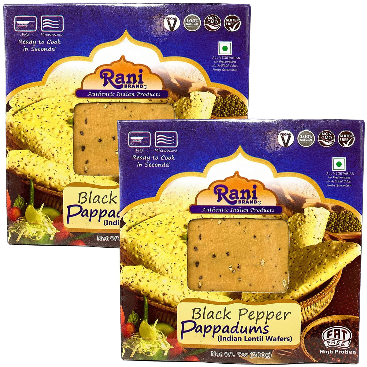 Rani Pappadums (Indian Lentil Wafer Snack) Black Pepper Papad 7oz (200 ...