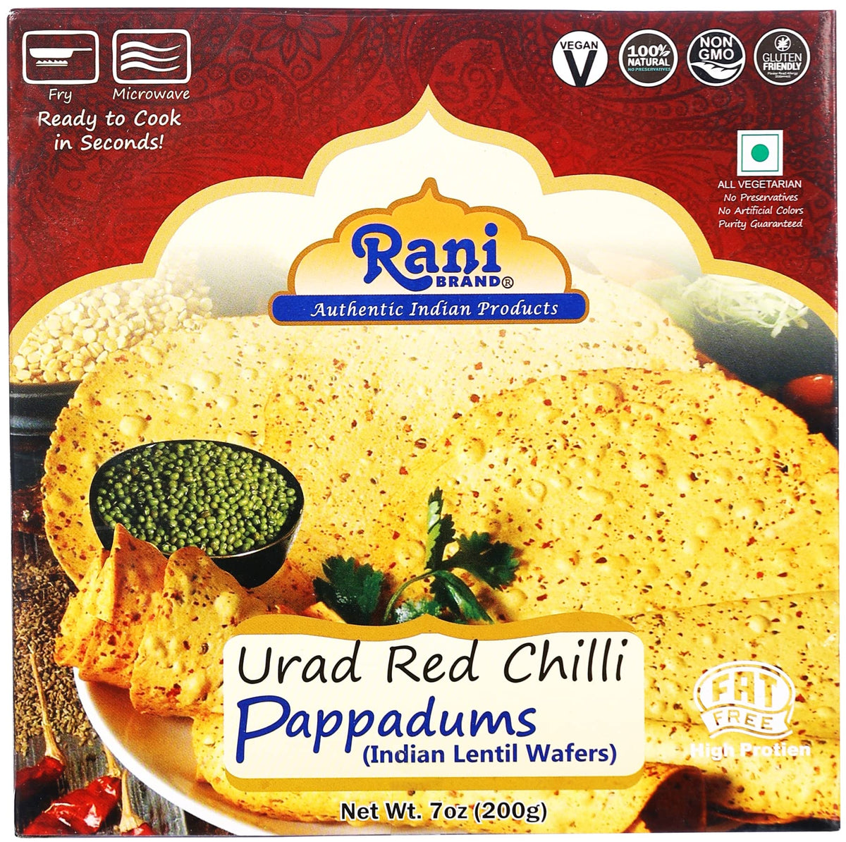 Rani Pappadums (Indian Lentil Wafer Snack) Red Chilli Papad 7oz (200g ...