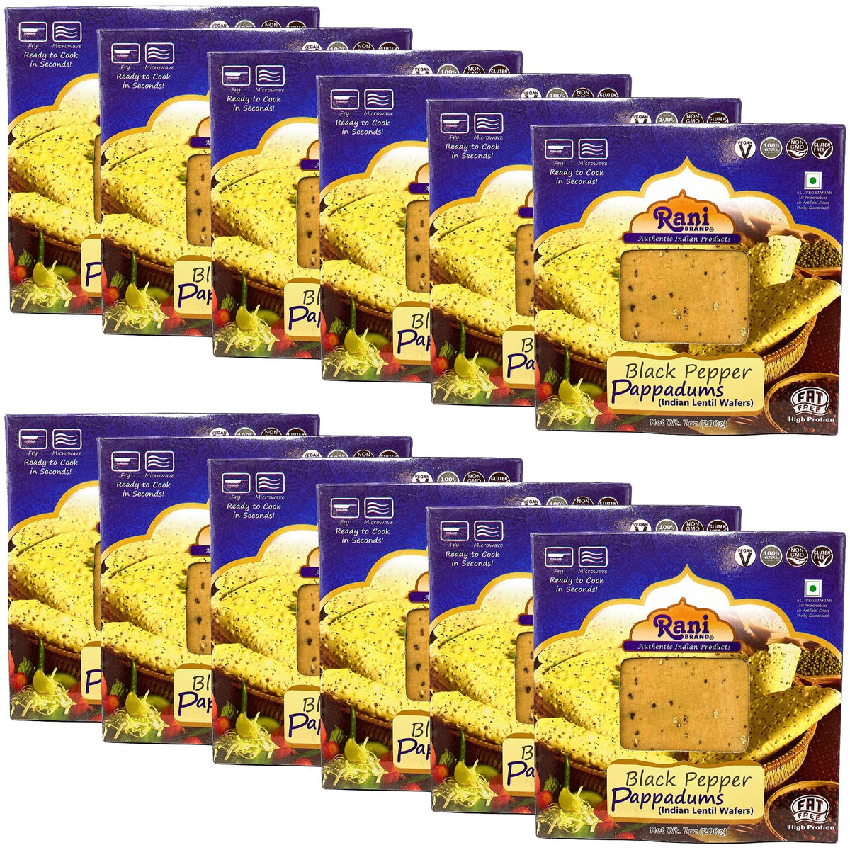 Rani Pappadums (Indian Lentil Wafer Snack) Black Pepper Papad 7oz (200 ...